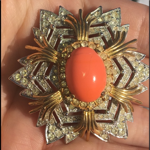 Polcini | Jewelry | Art Deco Polcini Coral Cabochon Crystal Brooch ...
